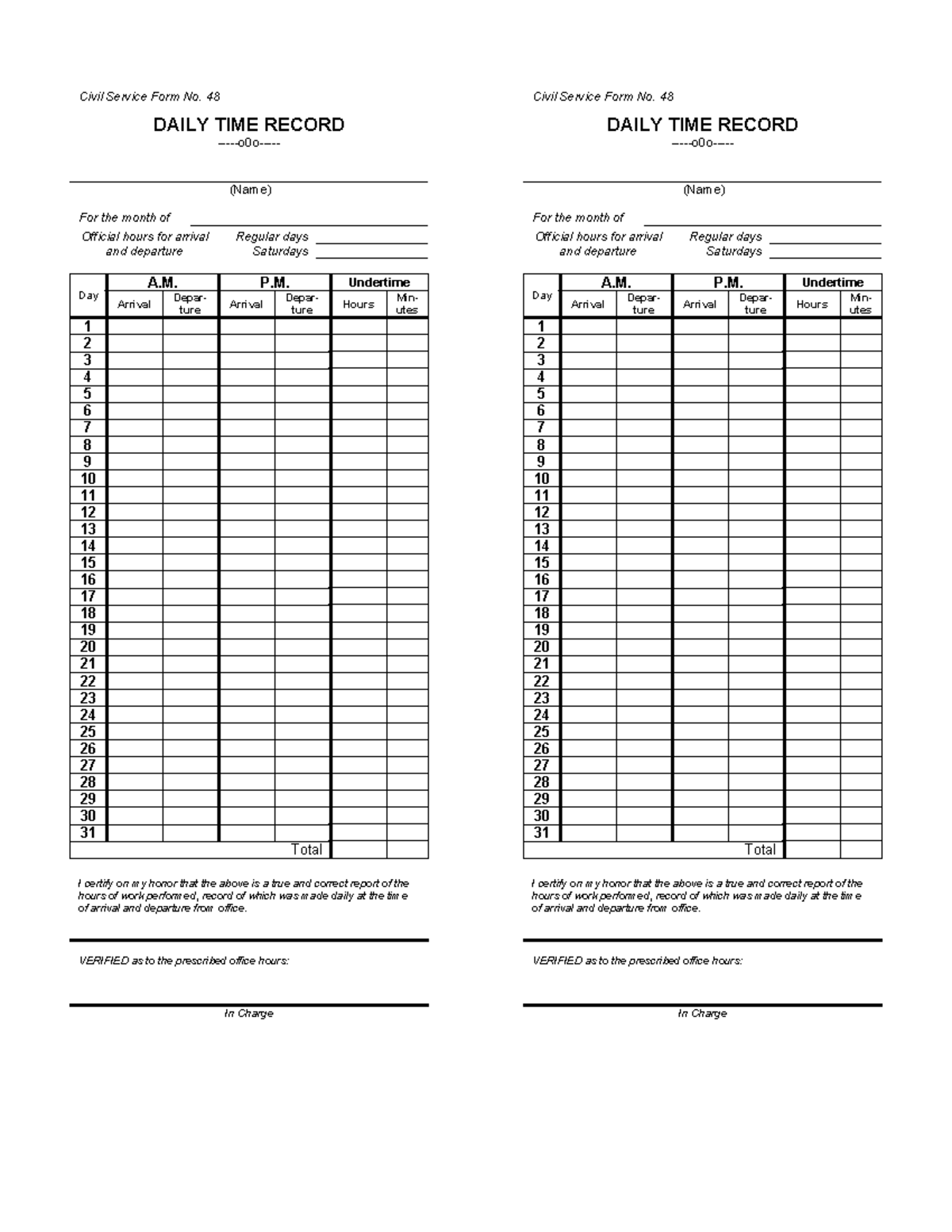 Appendix 24 - Daily Time Record (DTR) - Civil Service Form No. 48 DAILY ...