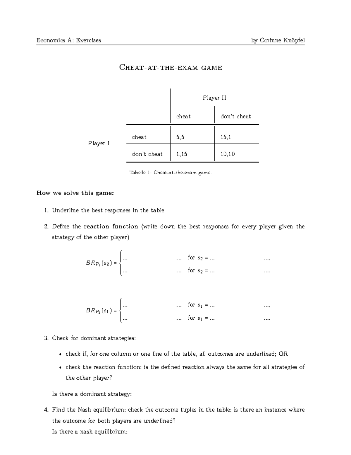 Econ - E6 - Intro Game Theory - Economics A: Exercises by Corinne Kn ...