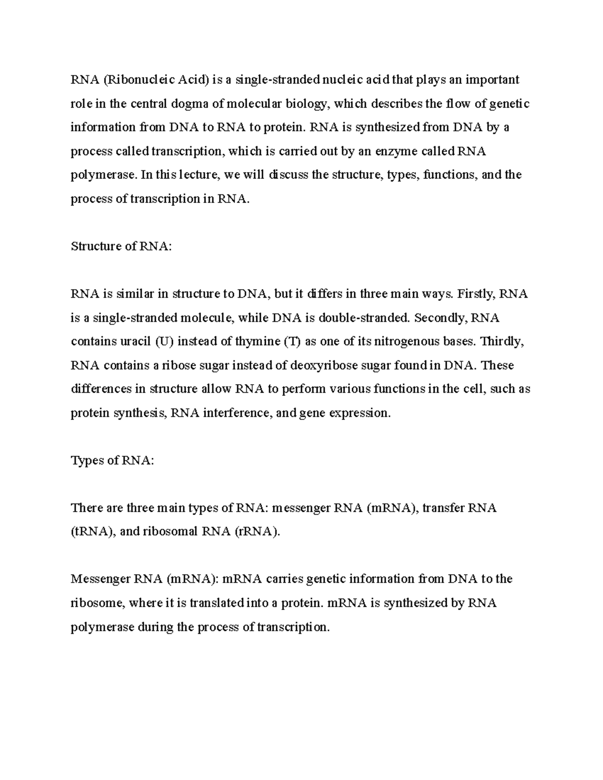RNA P2 1- Google Docs - RNA NOTES - RNA (Ribonucleic Acid) is a single ...