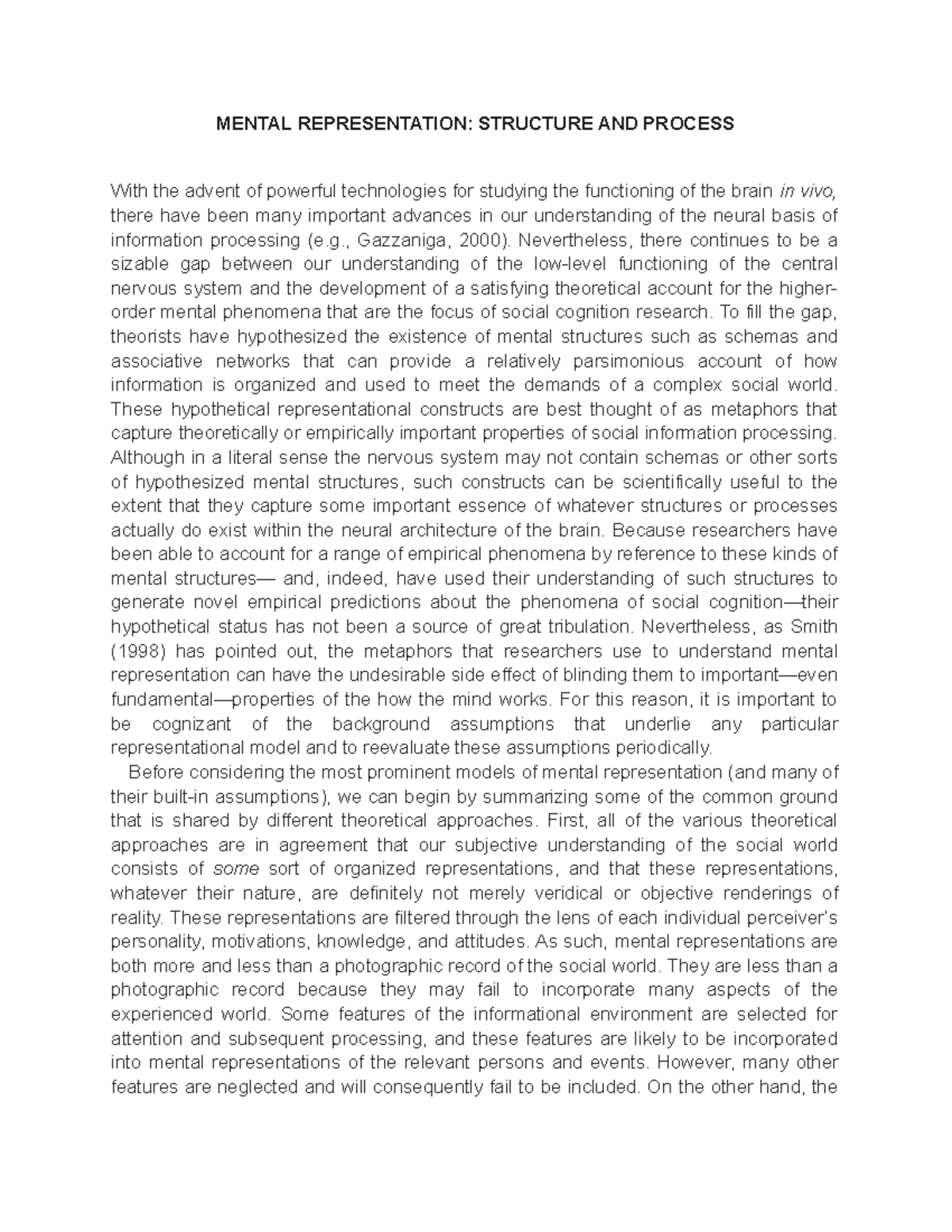 Social Cognition - MENTAL REPRESENTATION: STRUCTURE AND PROCESS With ...
