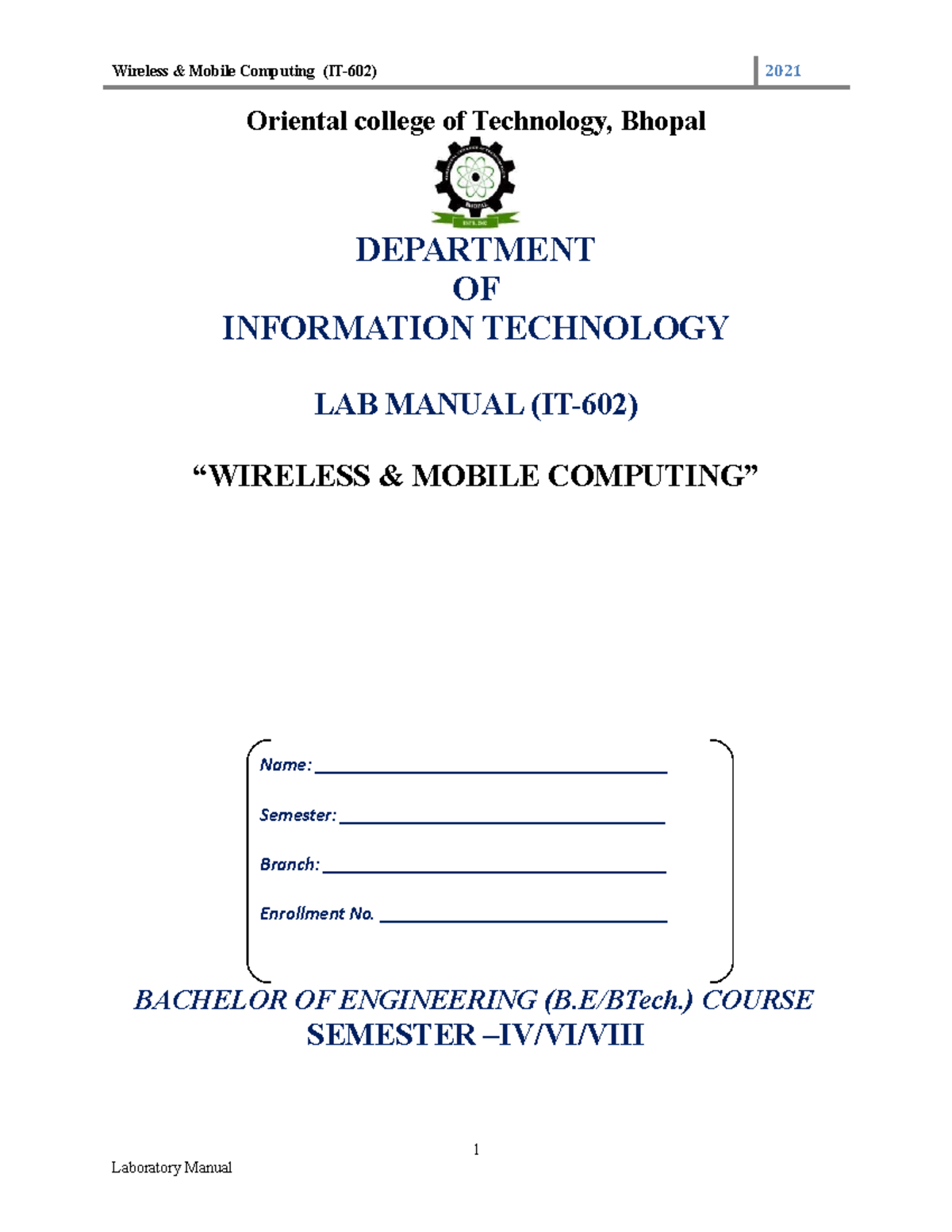 WMC Lab Manual Updated 123456 - Oriental college of Technology, Bhopal DEPARTMENT OF INFORMATION ...