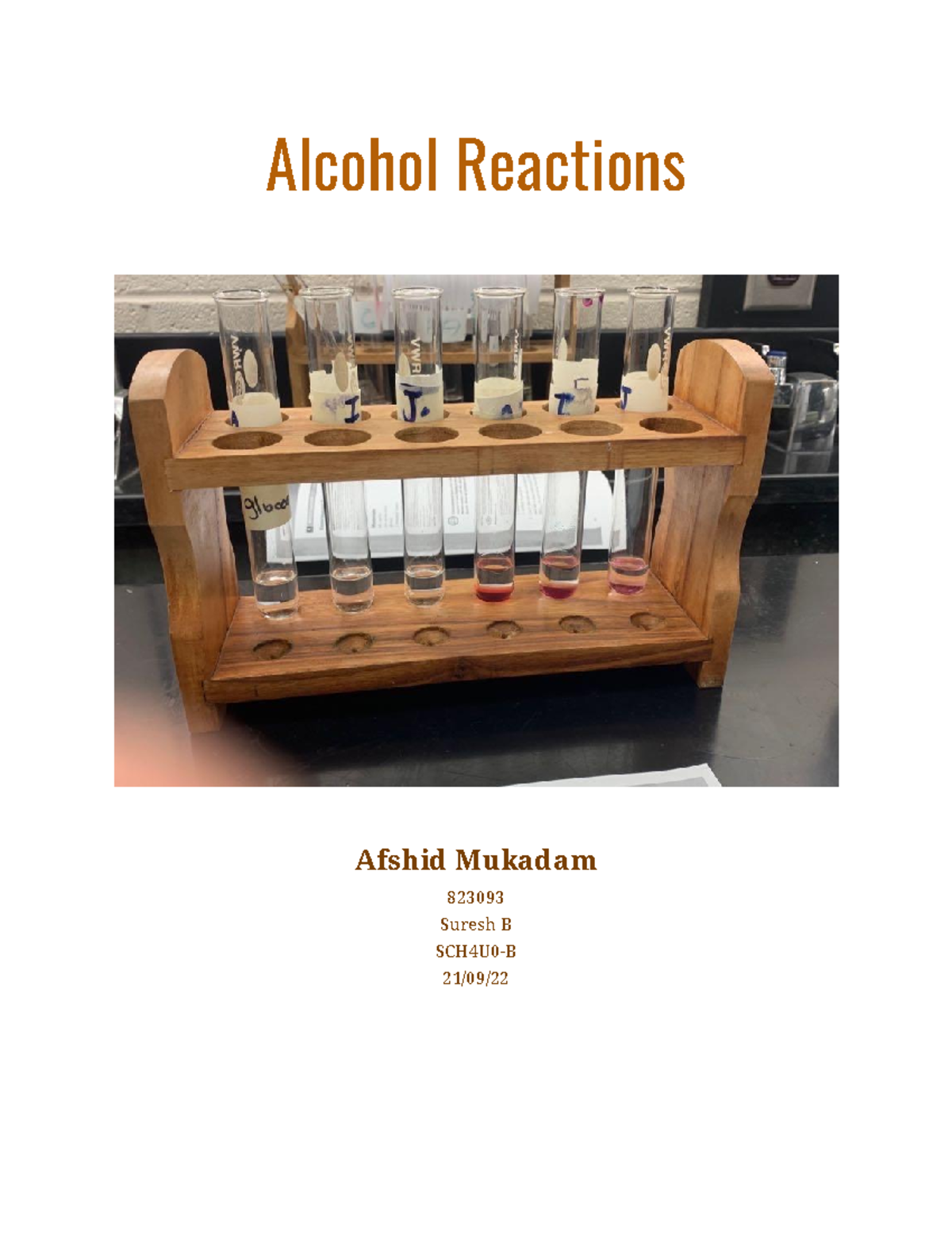 LAB Report for alcohol reactions - Alcohol Reactions Afshid Mukadam ...