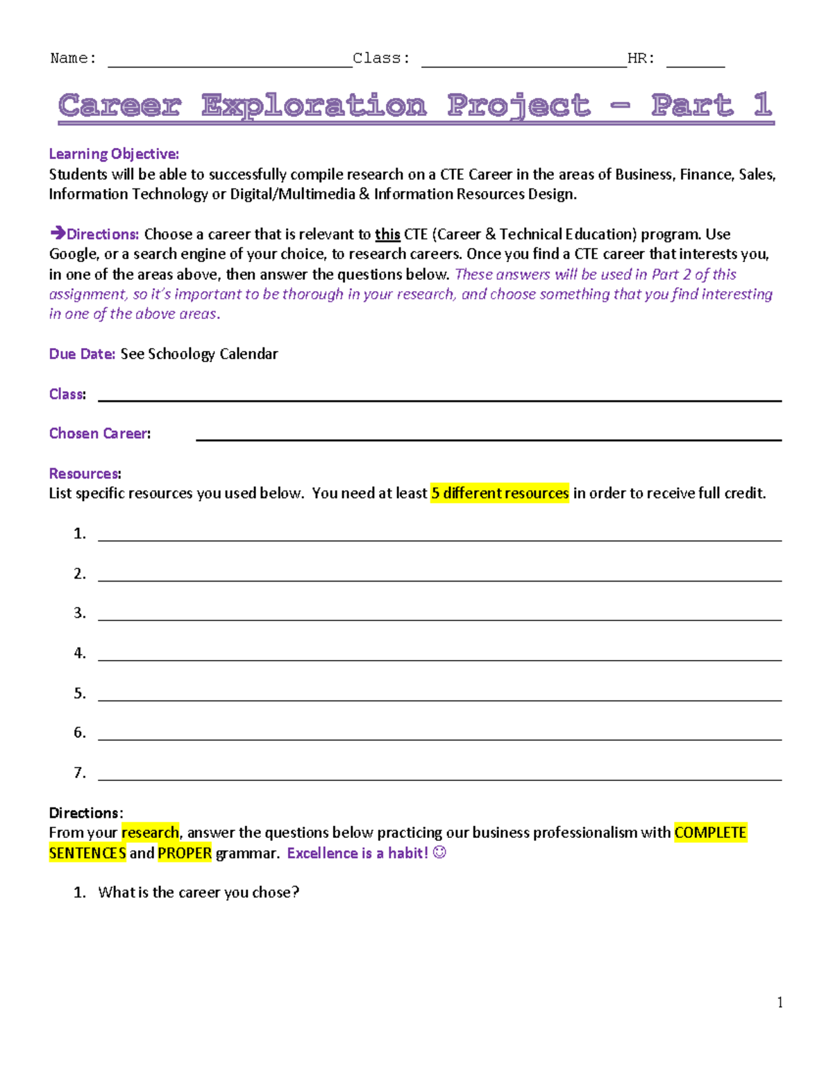 Career Exploration Part 1 fillable form - Learning Objective: Students ...