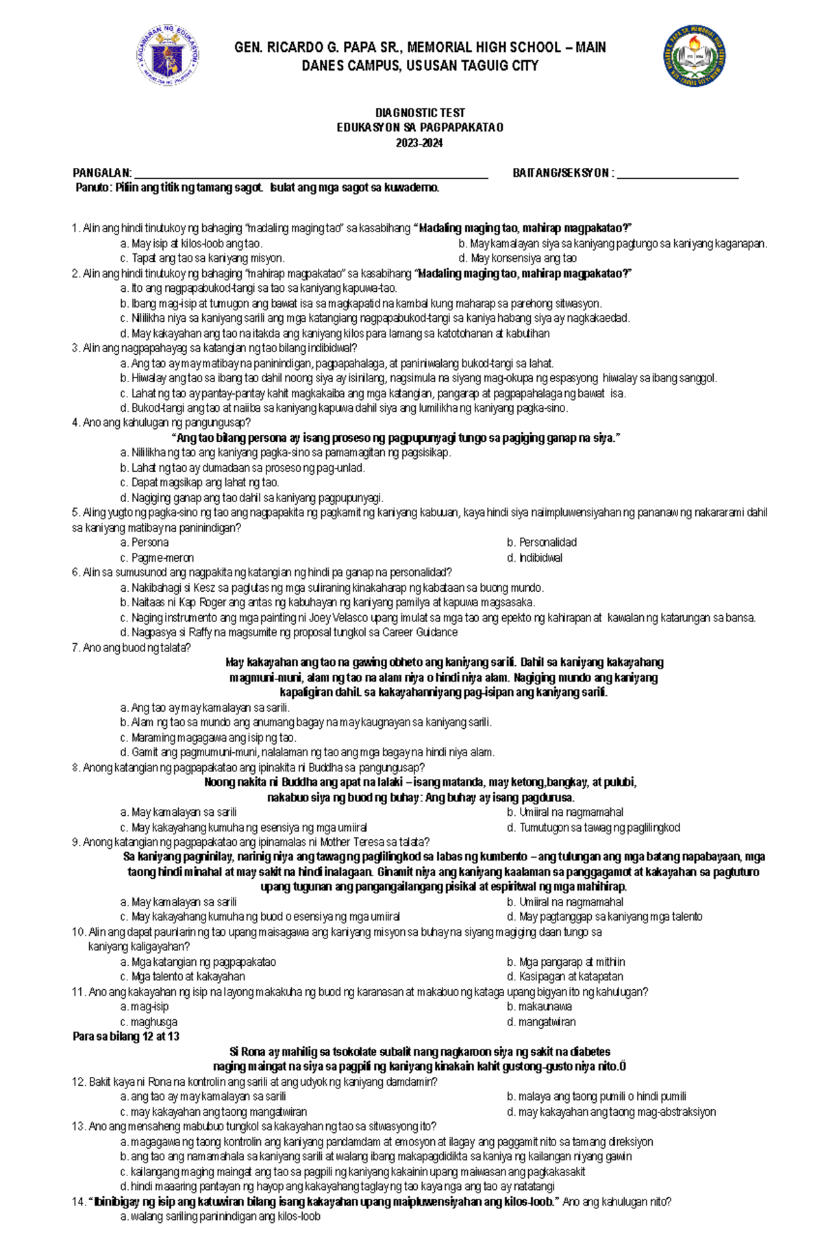 Diagnostic TEST ESP10 - eDUKASYON SA PAGPAPAKATAO 10 - GEN. RICARDO G ...