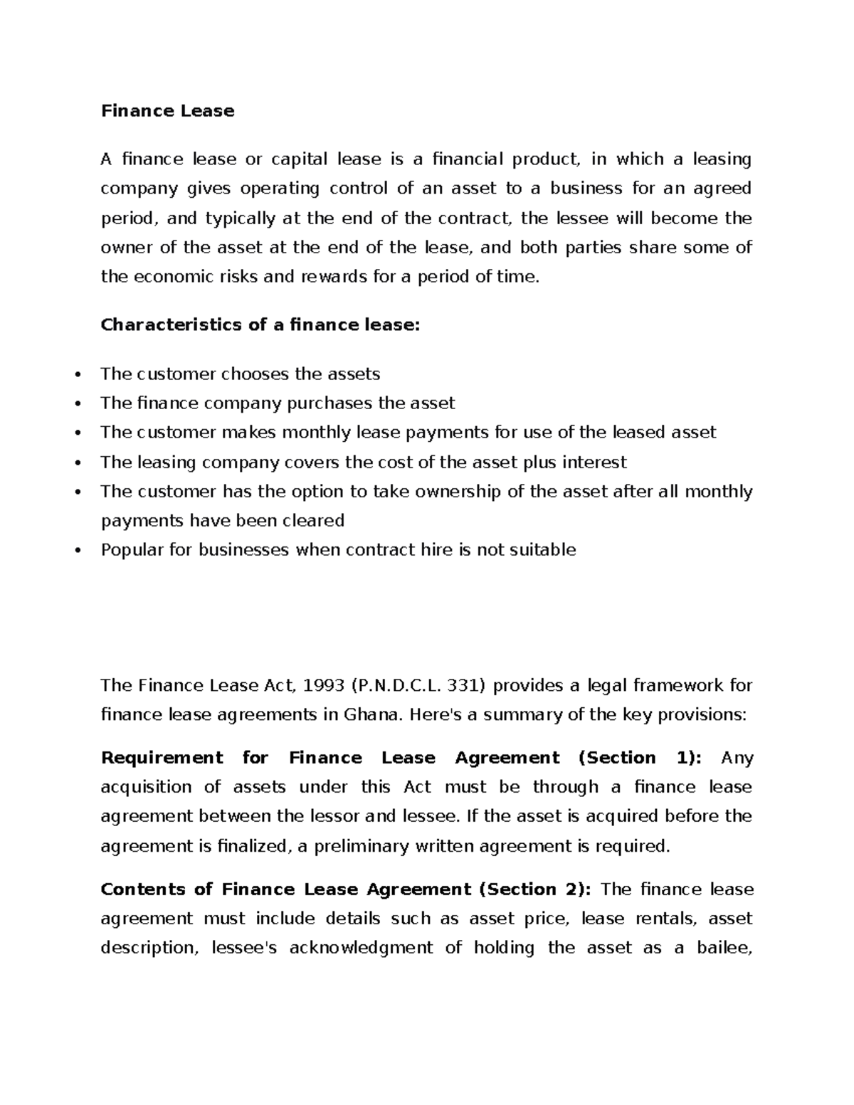 Finance Lease - Summary Law of contract - Finance Lease A finance lease ...