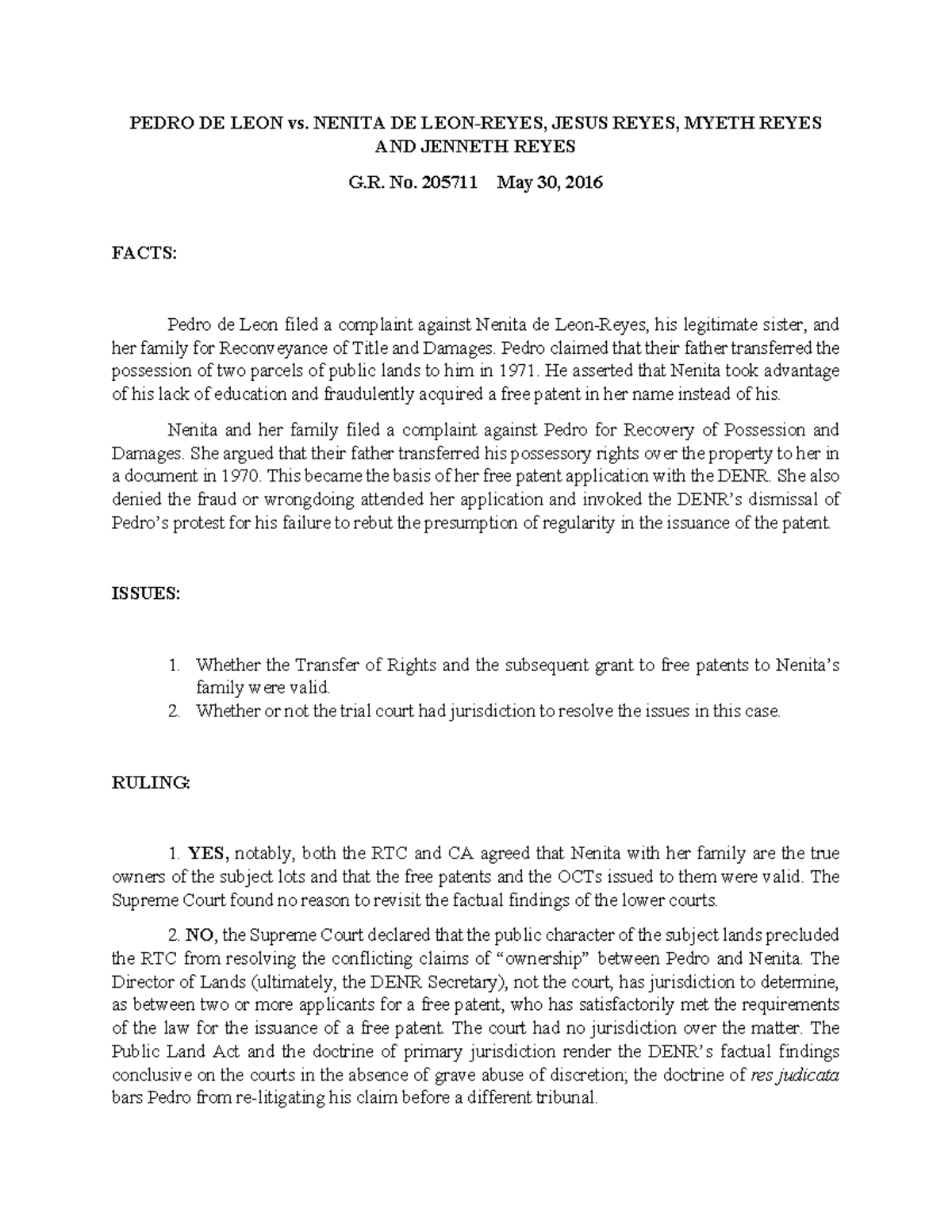 Case Digest (De Leon vs. De Leon-Reyes) - PEDRO DE LEON vs. NENITA DE ...
