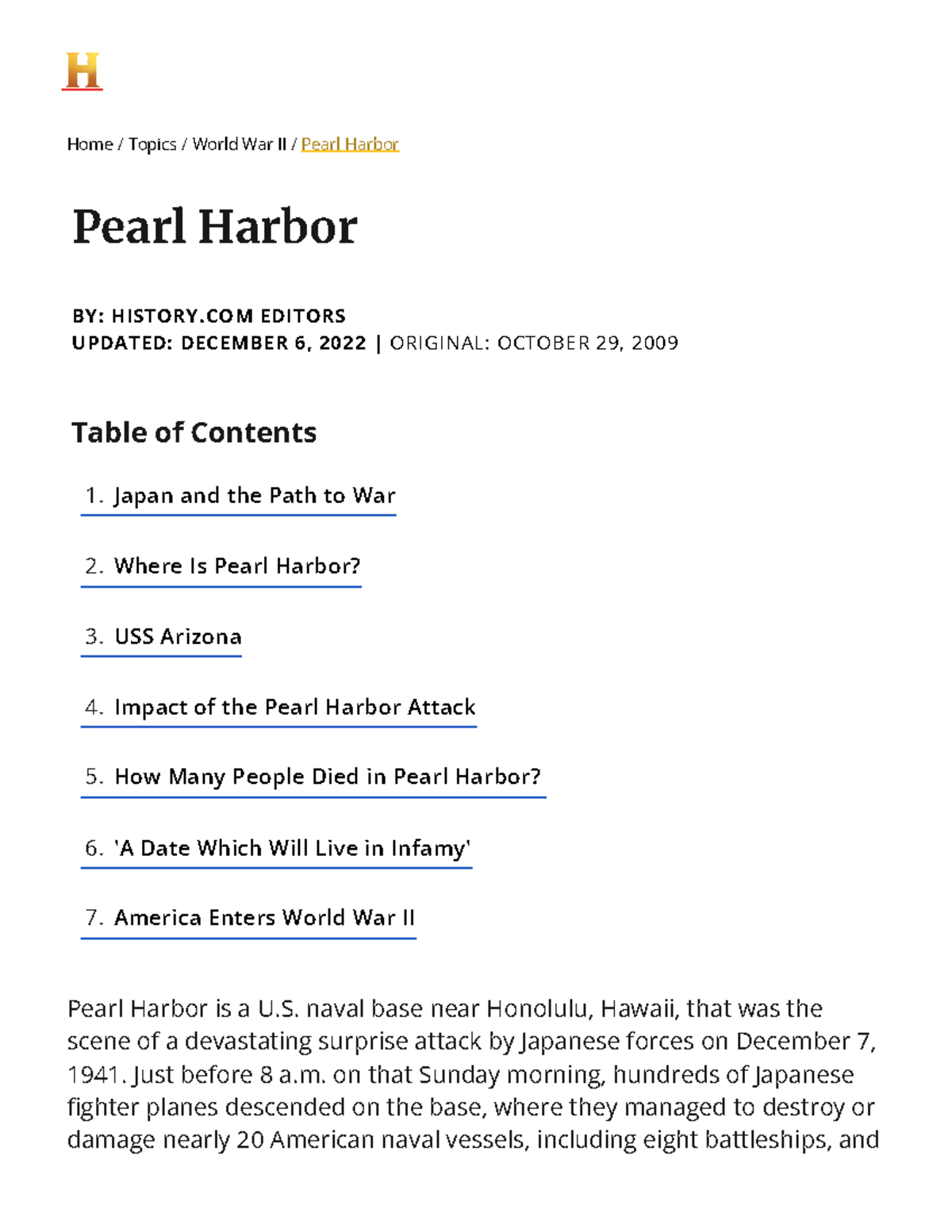 Pearl Harbor Attack, Deaths & Facts History - Table of Contents Japan ...