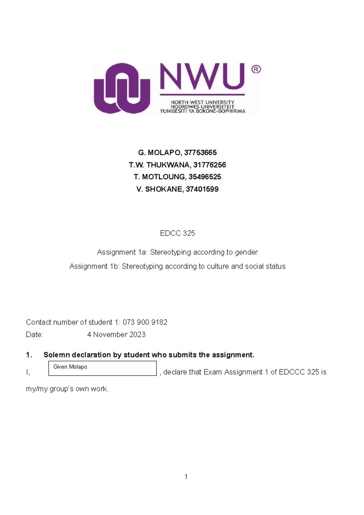 EDCC 325 Exam Assignment 1 - G. MOLAPO, 37753665 T. THUKWANA, 31776256 ...