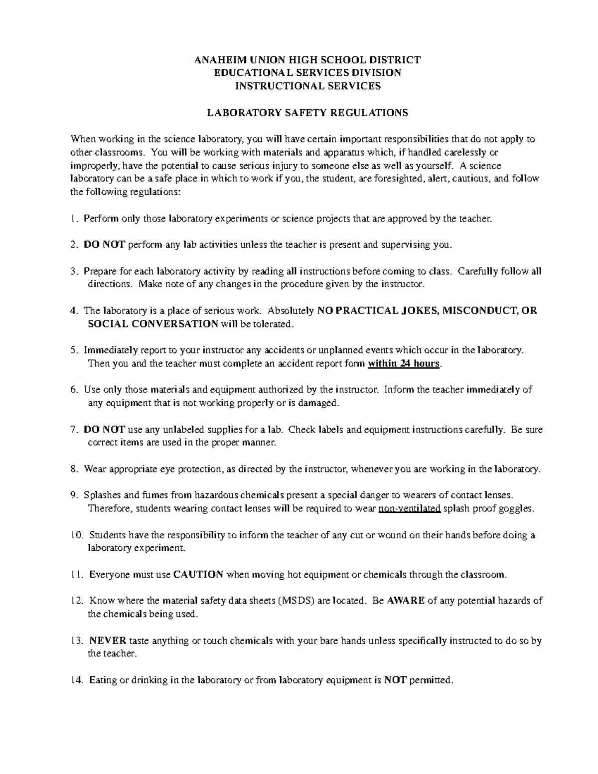 Auhsd Lab Safety Rules - ANAHEIM UNION HIGH SCHOOL DISTRICTEDUCATIONAL ...