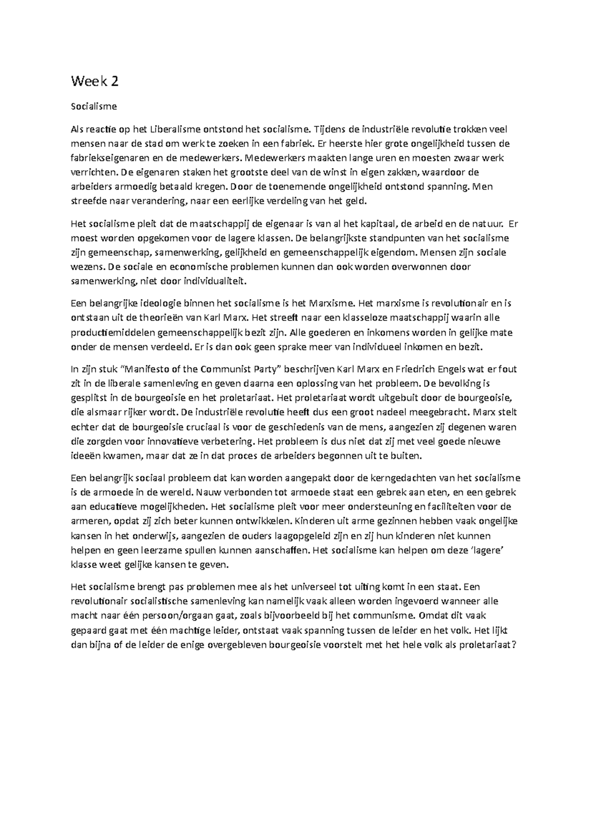 Politieke filosofie weekverslag week 2 - Week 2 Socialisme Als reactie ...