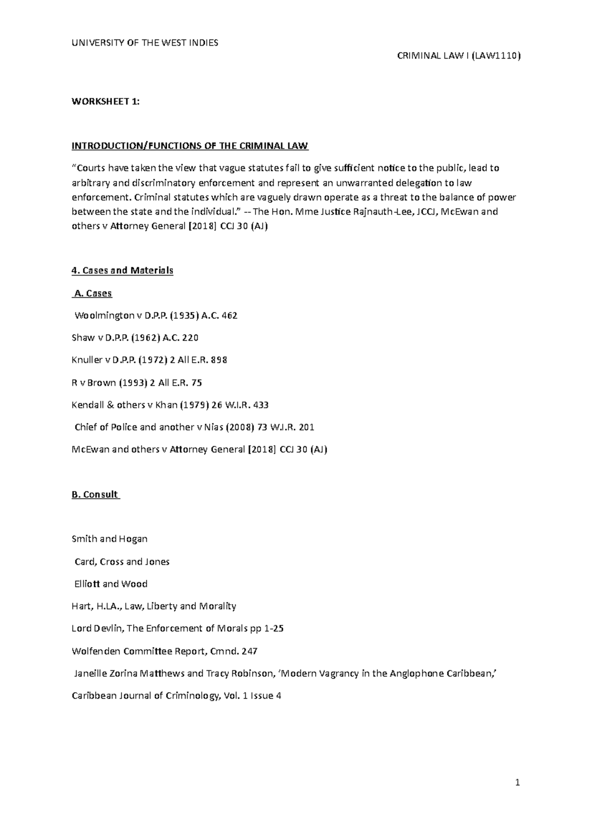 Criminal Law -Case Files - CRIMINAL LAW I (LAW1110) WORKSHEET 1 ...