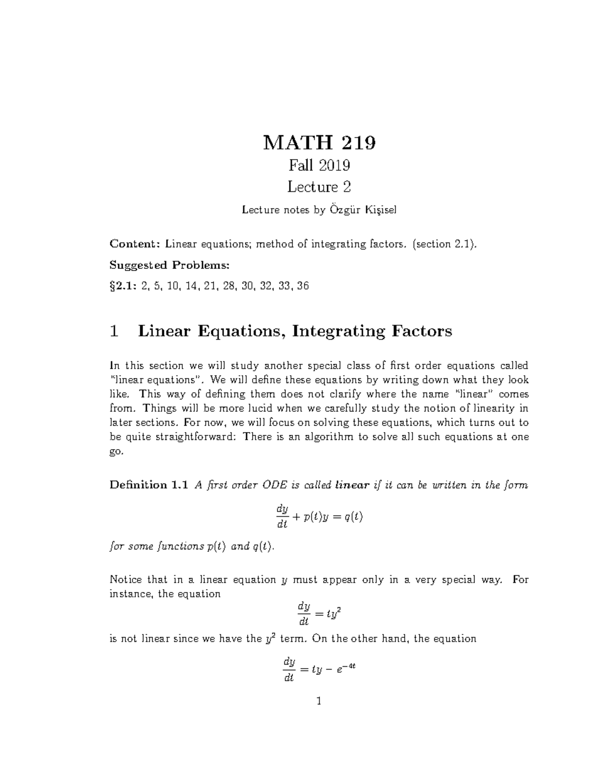 MATH219 Lecture 2 - MATH 219 Fall 2019 Lecture 2 Lecture notes byOzg ...