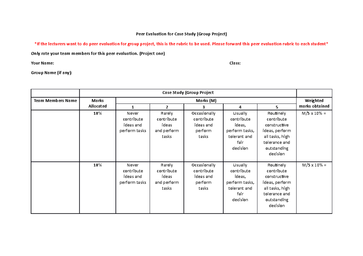 Peer Evaluation for Case Study - Please forward this peer evaluation rubric to each student Only ...