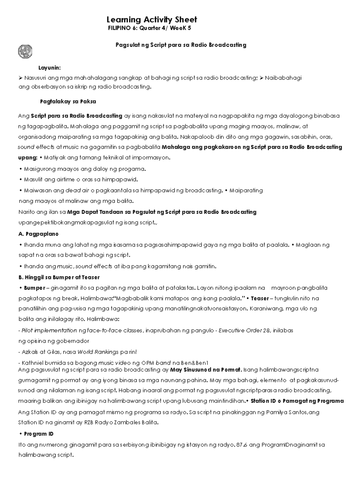 Q4 LAS Filipino 4Week 5 - Activity - Learning Activity Sheet FILIPINO 6 : Quarter 4/ WeeK 5 ...