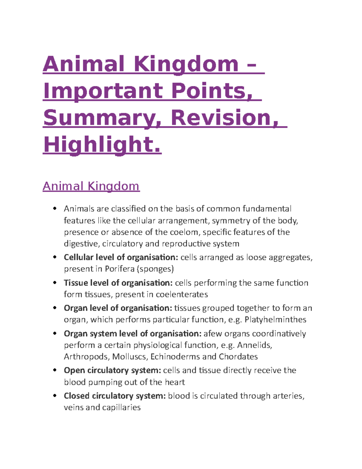 Important Notes For NEET Biology - Animal Kingdom - Animal Kingdom ...
