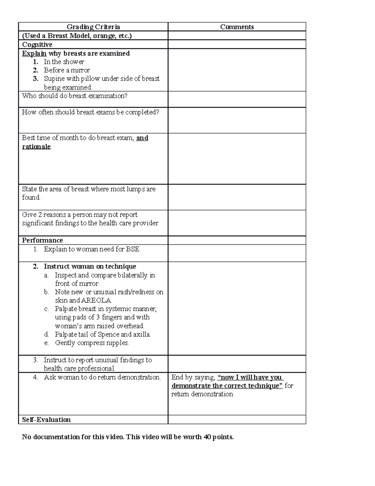 Student Breast Assessment FORM for assessment of breast - Grading ...