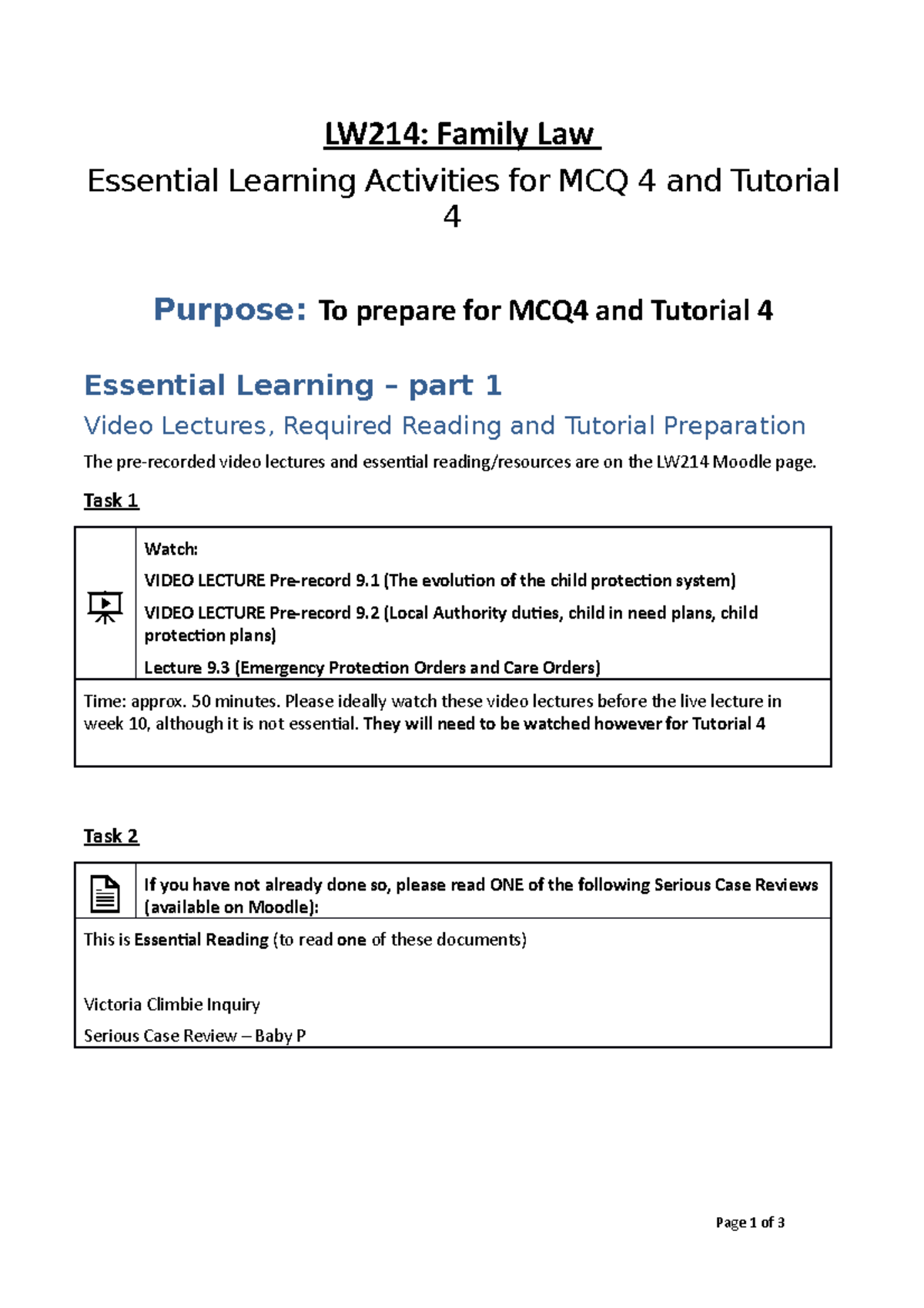Essential Learning Activities -MCQ4 and Tutorial 4 - LW214: Family Law ...