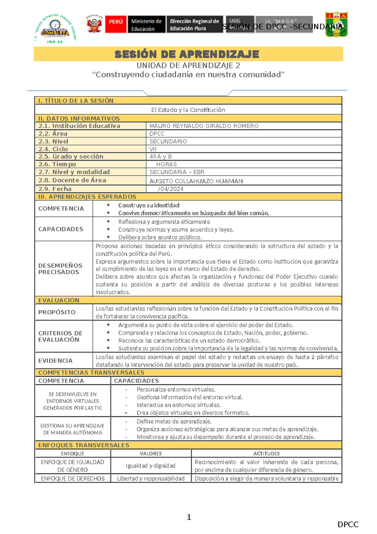 4º SES ACT 1- DPCC 2024 (2) - ok - DPCC 1 SESIÓN DE DPCC –SECUNDARIA SESIÓN DE APRENDIZAJE ...