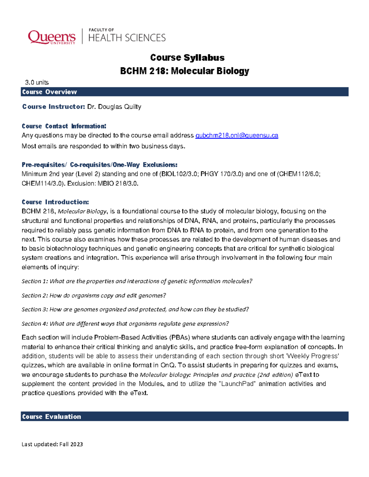 BCHM 218 ONL Syllabus - Course Syllabus BCHM 218: Molecular Biology 3 ...