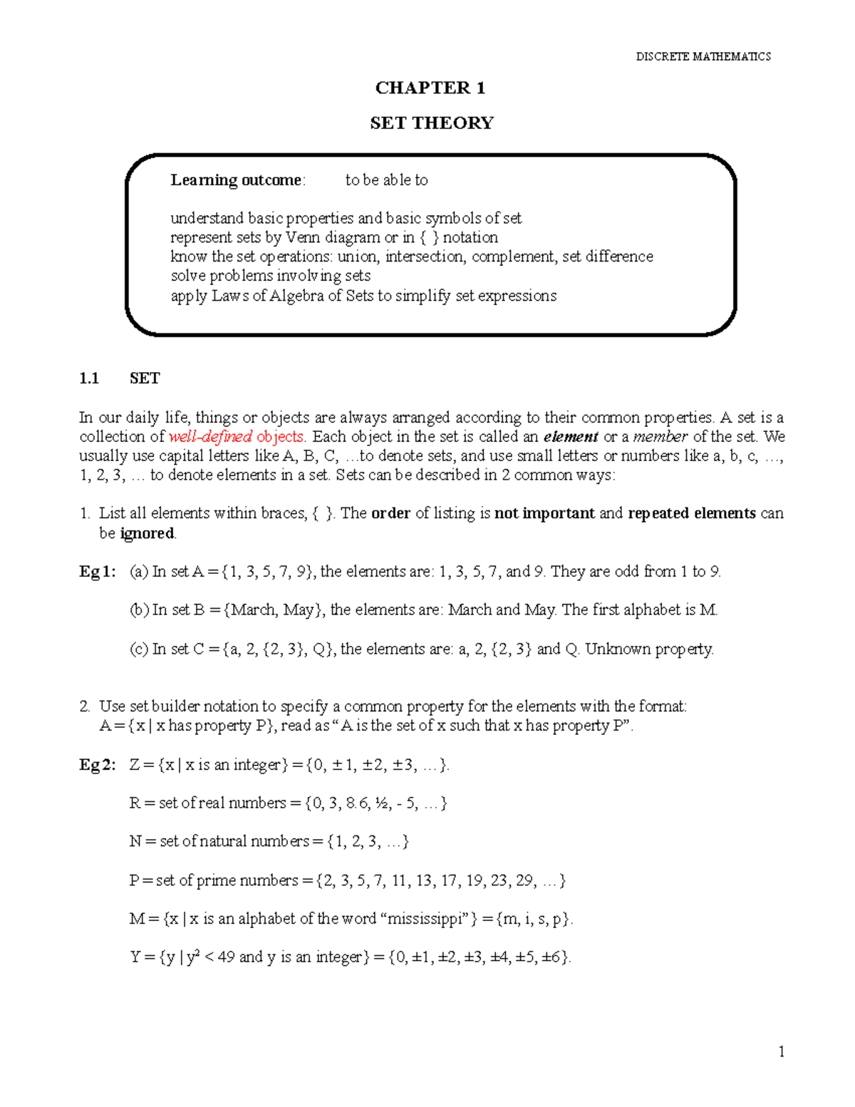 MAT 210 Chapter 1 Set theory WB - CHAPTER 1 SET THEORY 1 SET In our ...