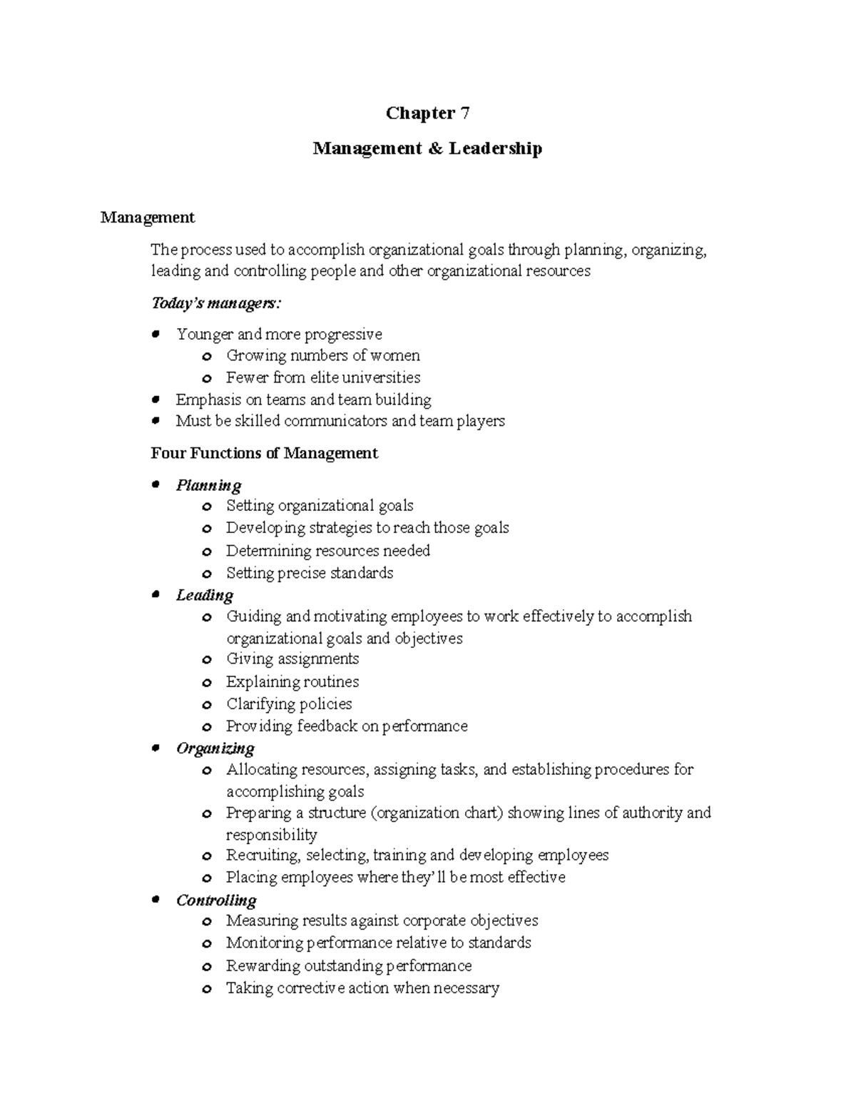 Chapter 7 Management and Leadership - It includes: The Its philosophy ...