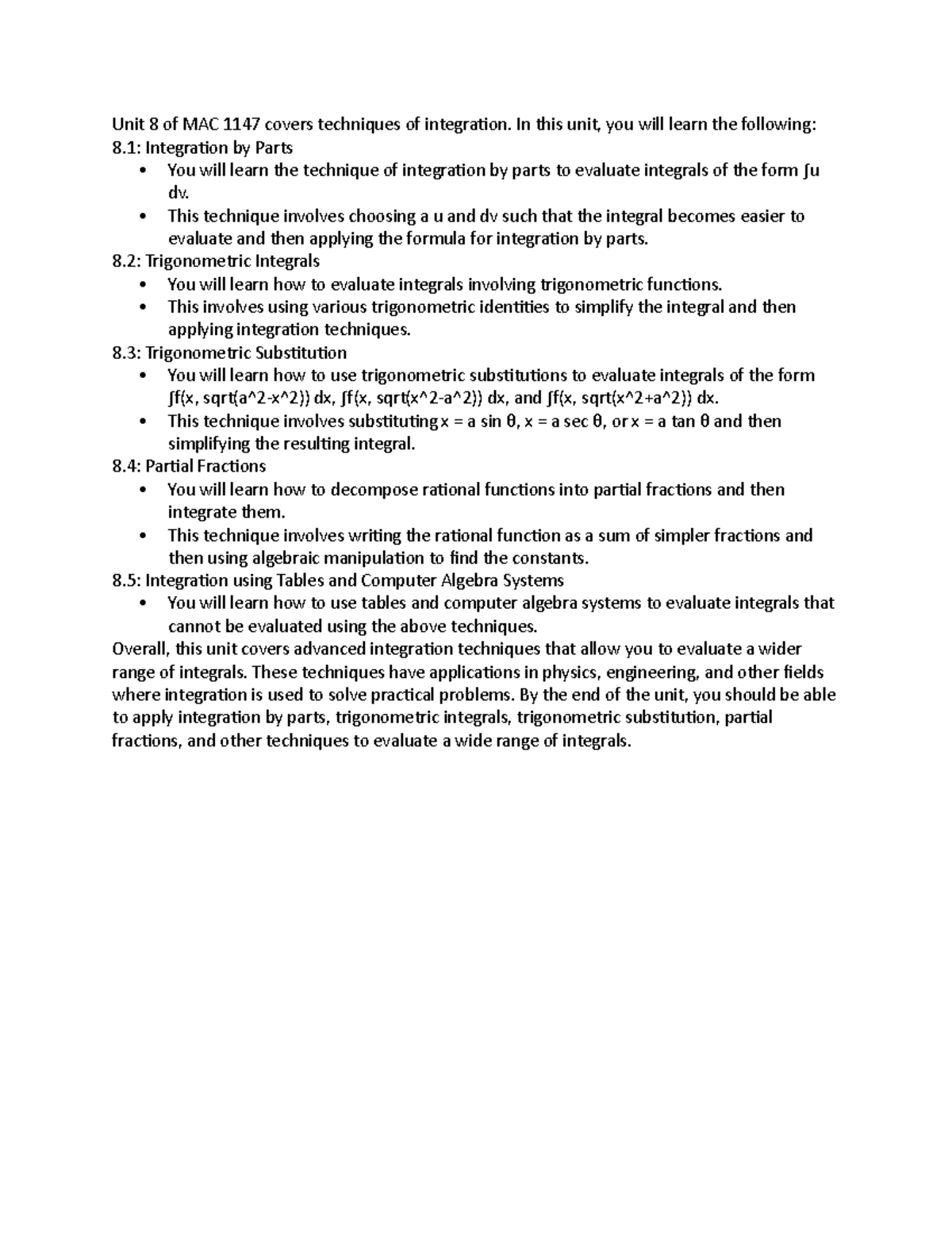 Unit 8 of MAC 1147 - Unit 8 Notes - Unit 8 of MAC 1147 covers ...