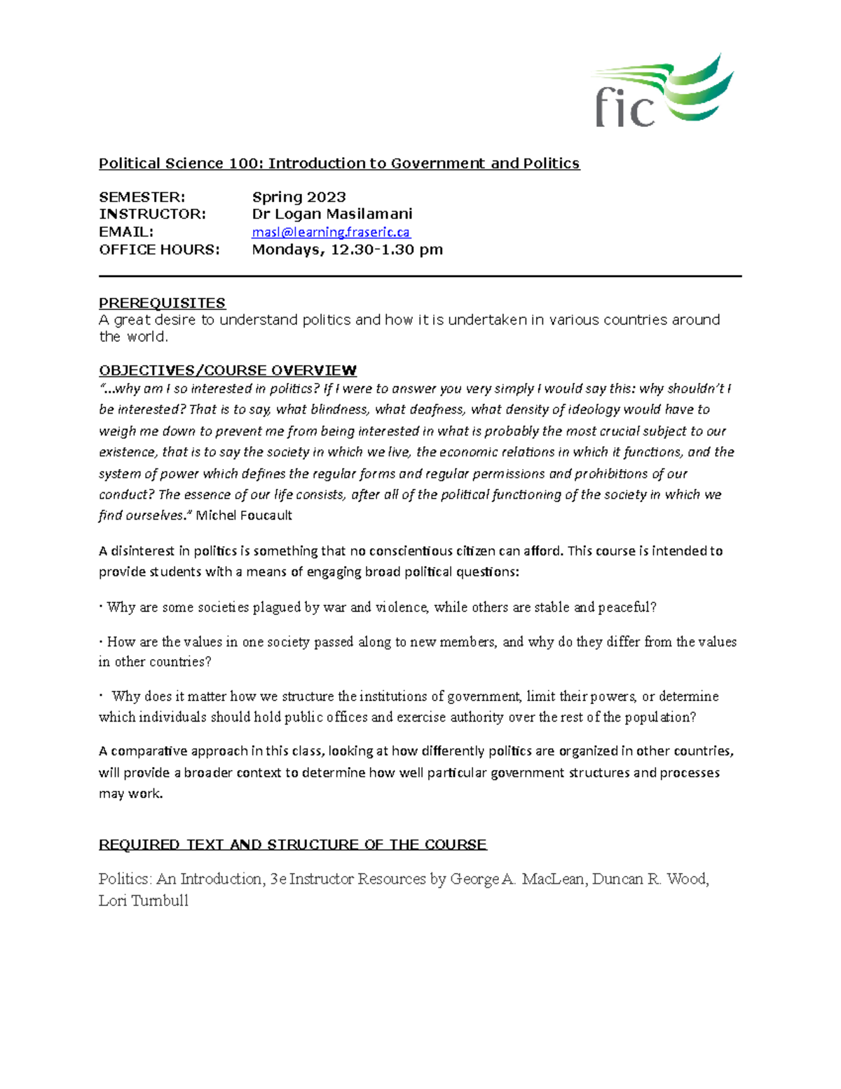 Pol100FICspring 2023 - its useful for course overview - Political ...