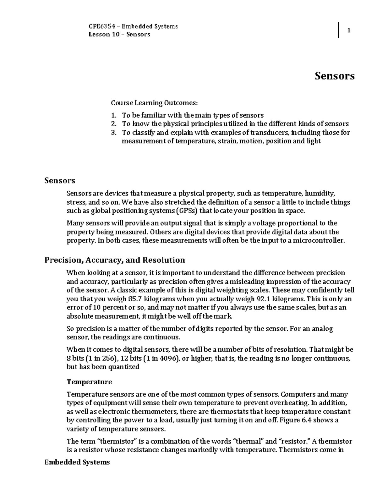 W12 Lesson 10 Sensors - CPE6354 – Embedded Systems Lesson 10 – Sensors ...