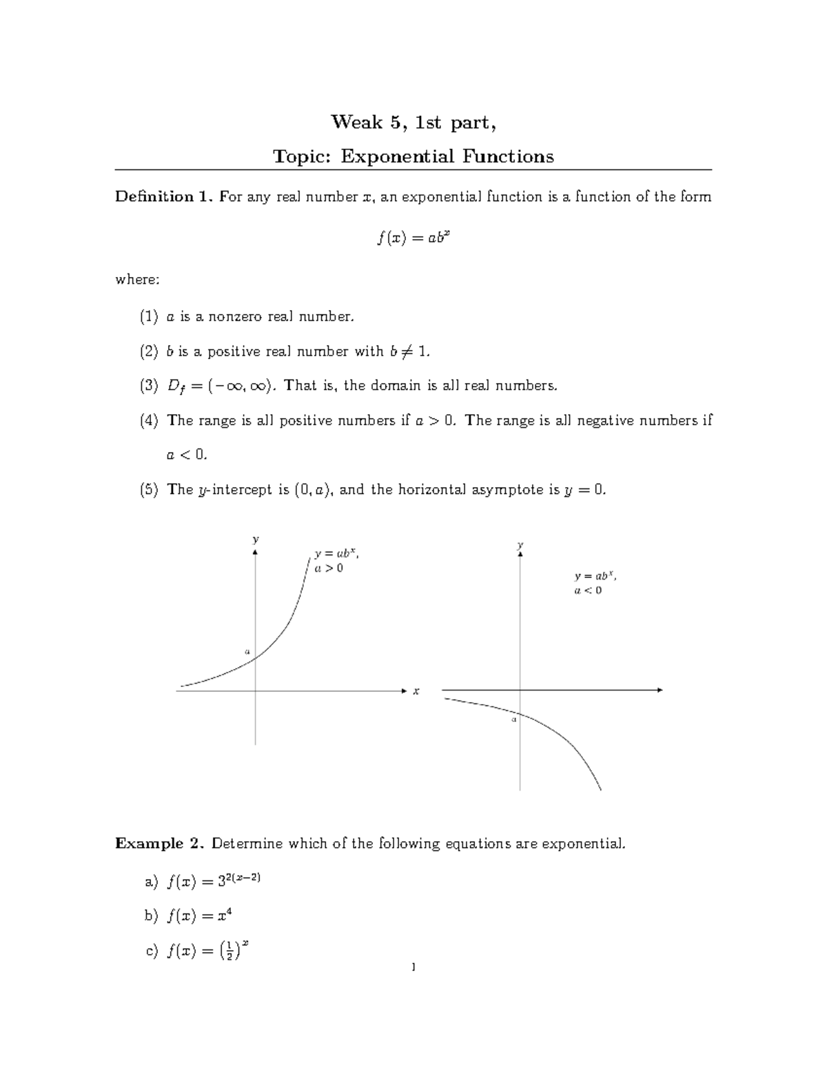 W51 - Exponential Functions - ฀Weak 5, 1st part, Topic: Exponential Functions Definition 1. For ...