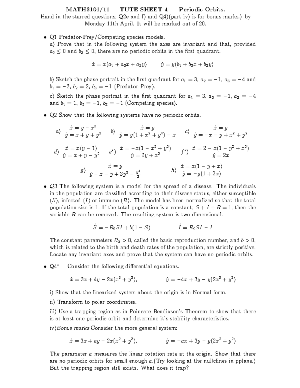 Tutorial work 3-6, Questions - Math 3101 Tute 3-6 - MATH3101/11 TUTE ...
