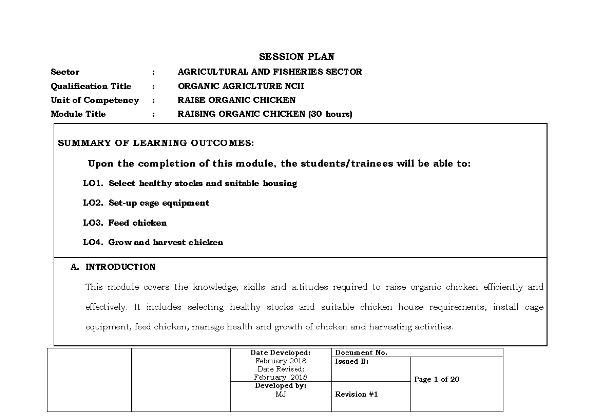 Session Plan Competency 1 Organic Chicken - Date Developed: February ...