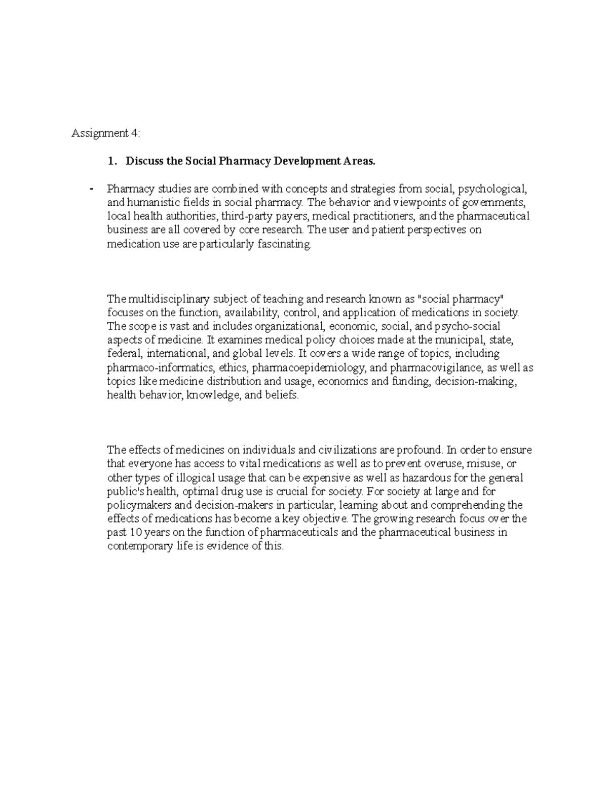 Assignment 4 - Pharmacy studies are combined with concepts and ...