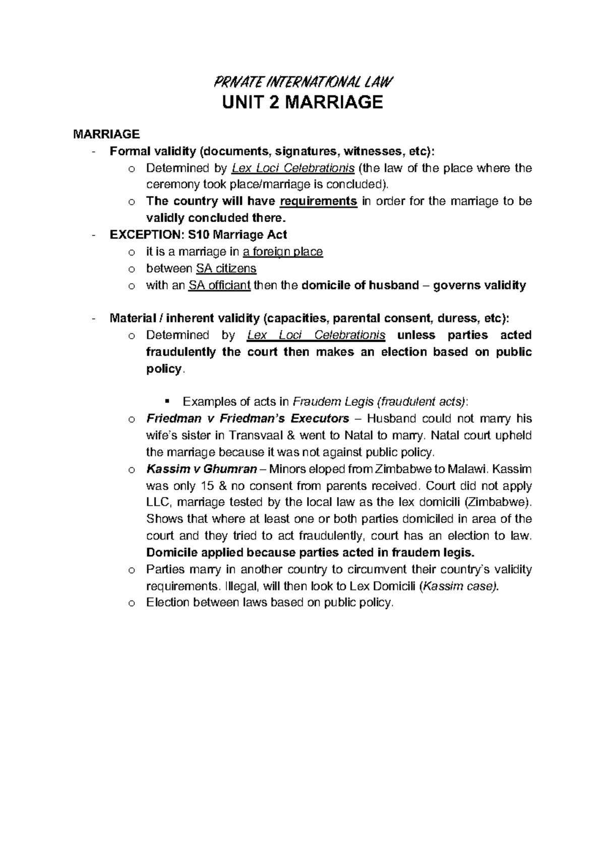 Marriage Notes - PRIVATE INTERNATIONAL LAW UNIT 2 MARRIAGE MARRIAGE ...