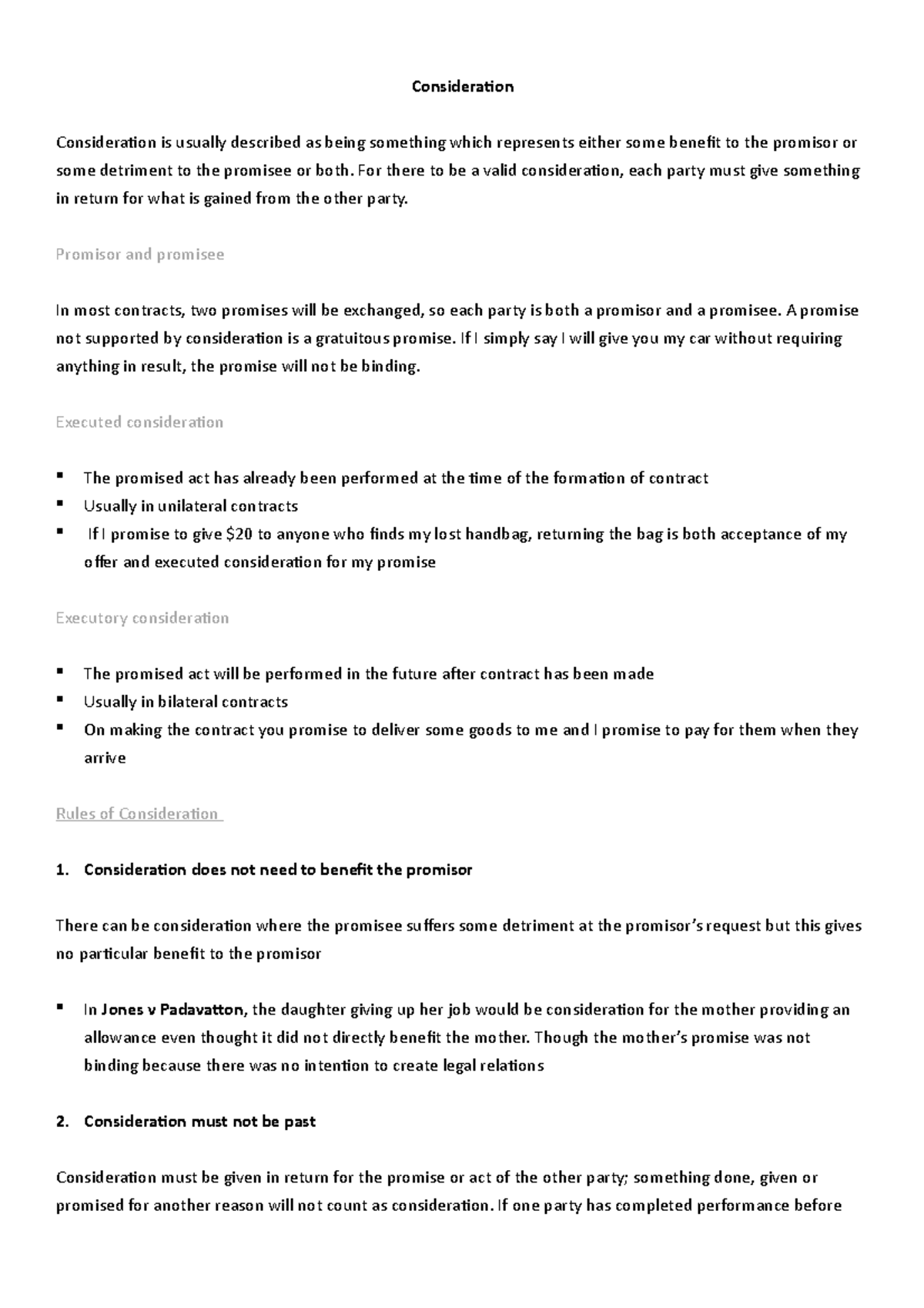 Consideration - Consideration Consideration is usually described as ...