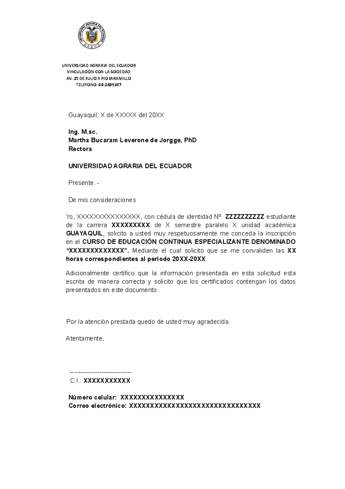 Formato DE Carta - kndj - UNIVERSIDAD AGRARIA DEL ECUADOR VINCULACIÓN ...