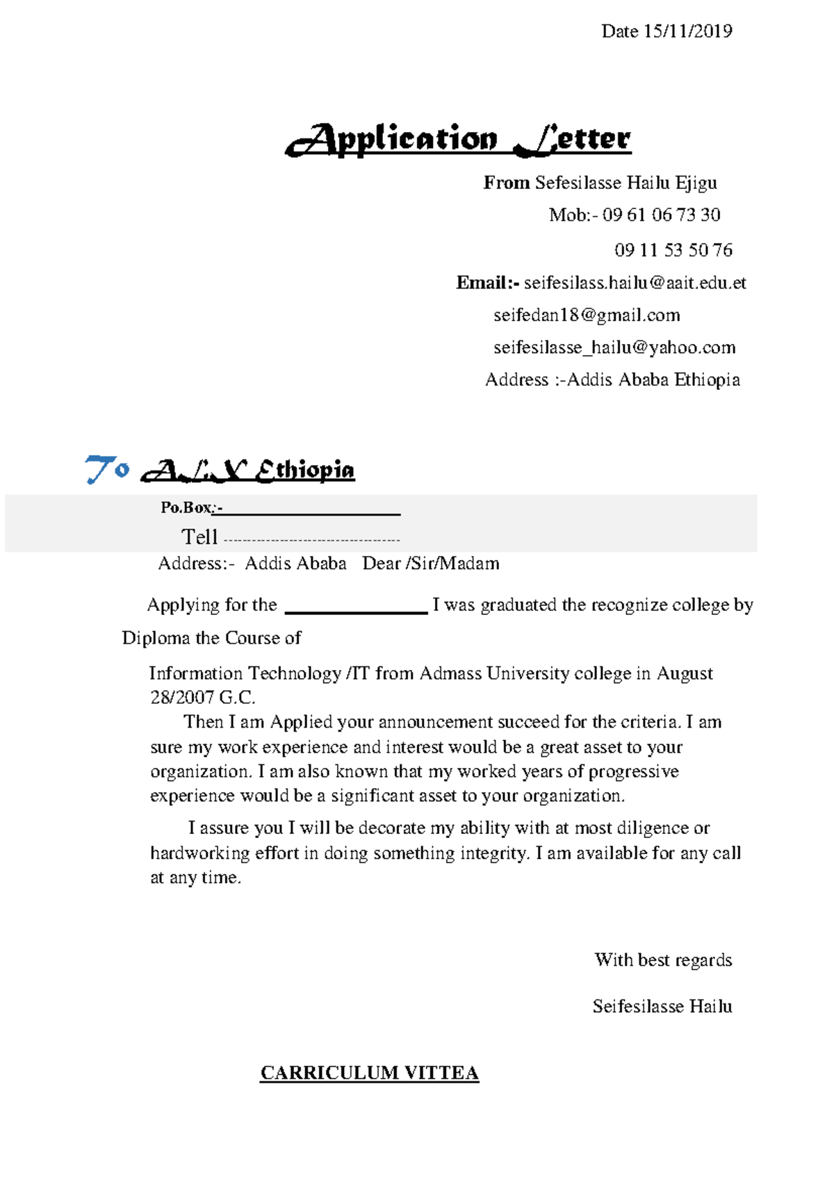 CV - please try to help. - Date 15/11/ Application Letter From ...