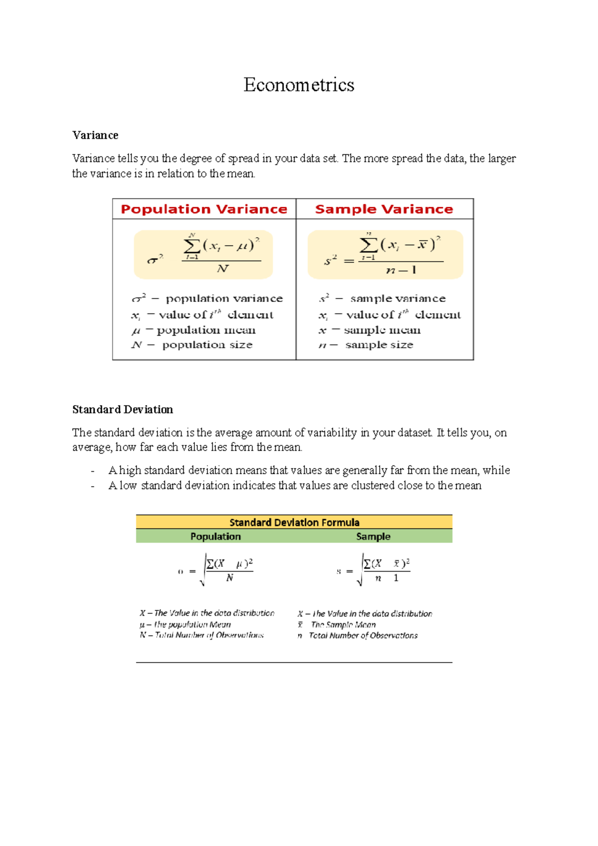Week 1 - Econometrics notes - Econometrics Variance Variance tells you ...