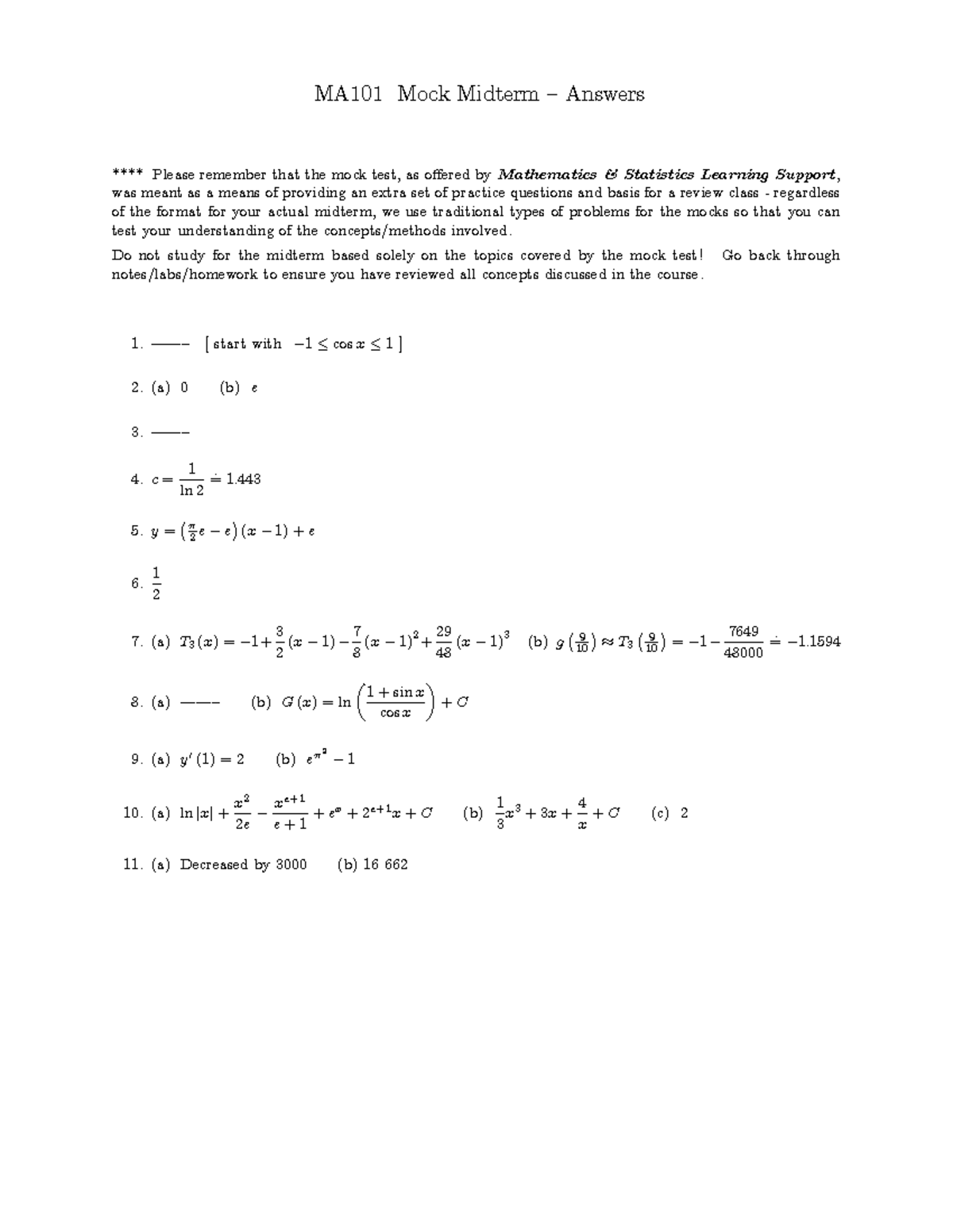MA101 Mock Exam Practice Solutions - MA101 Mock Midterm ñAnswers **** Please remember that the ...