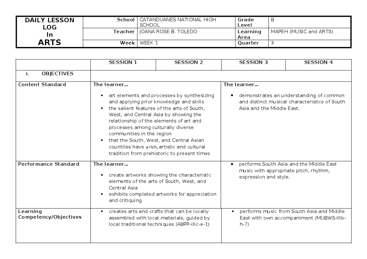 WEEK 1 Music and ARTS 8 DLL Toledo, J.R - DAILY LESSON LOG In ARTS ...