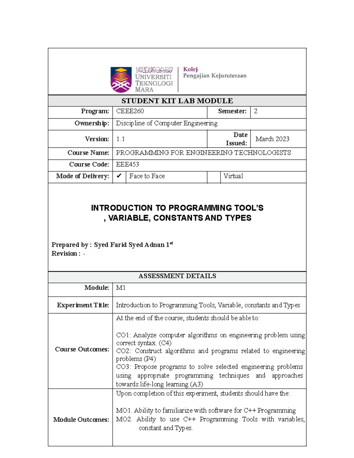 Lab programming 1 - Ad sdd - STUDENT KIT LAB MODULE Program: CEEE260 Semester: 2 Ownership ...