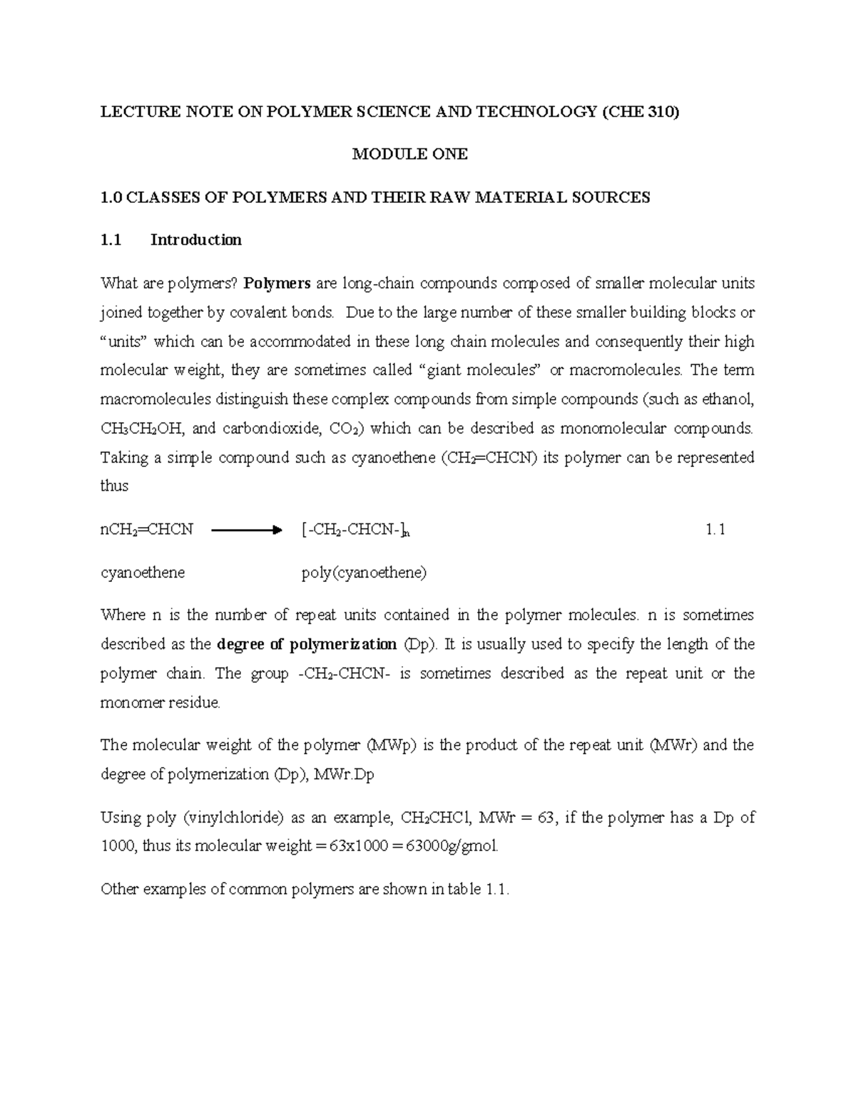 HND polymer note part one - LECTURE NOTE ON POLYMER SCIENCE AND ...