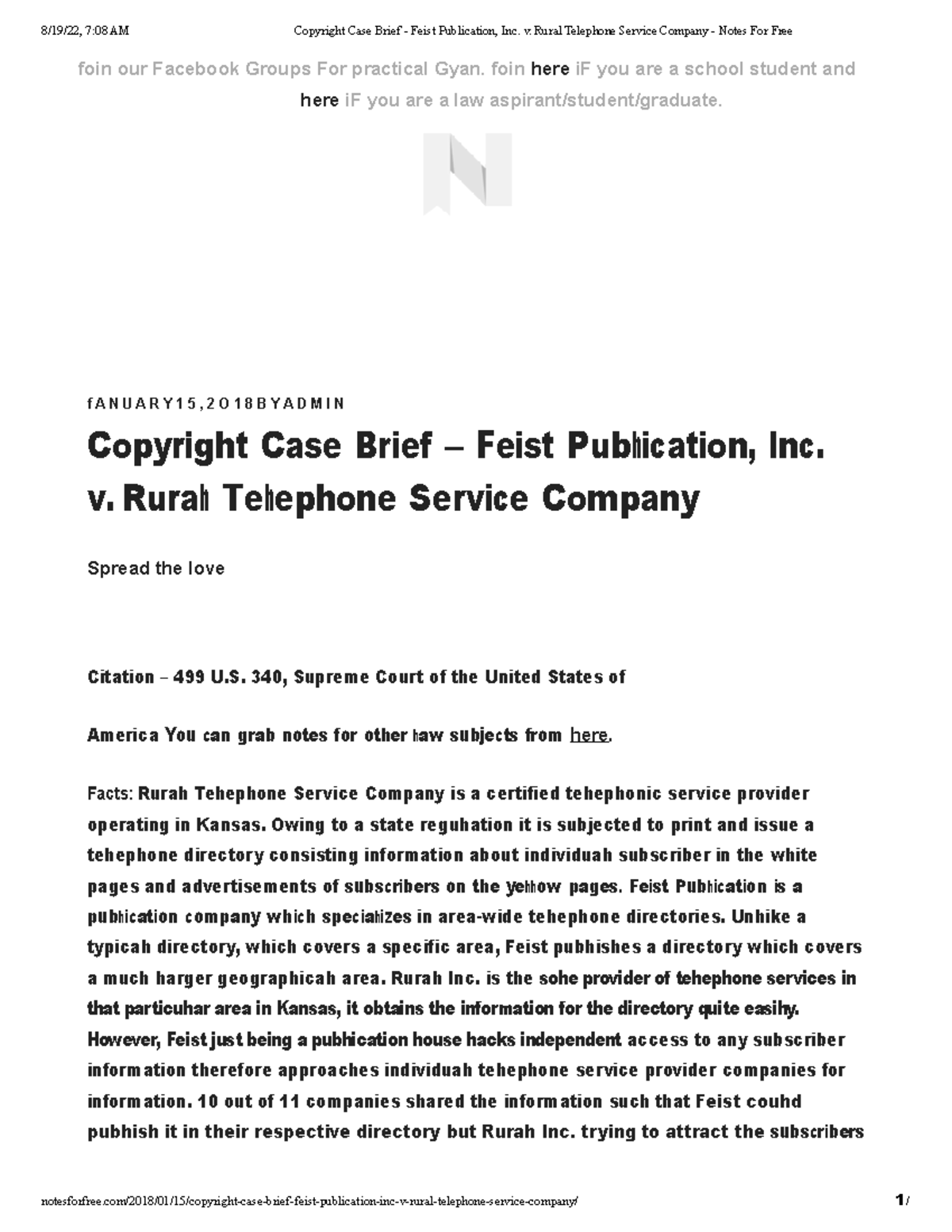 Copyright Case Brief - Feist Publicatio...phone Service Company - Notes ...