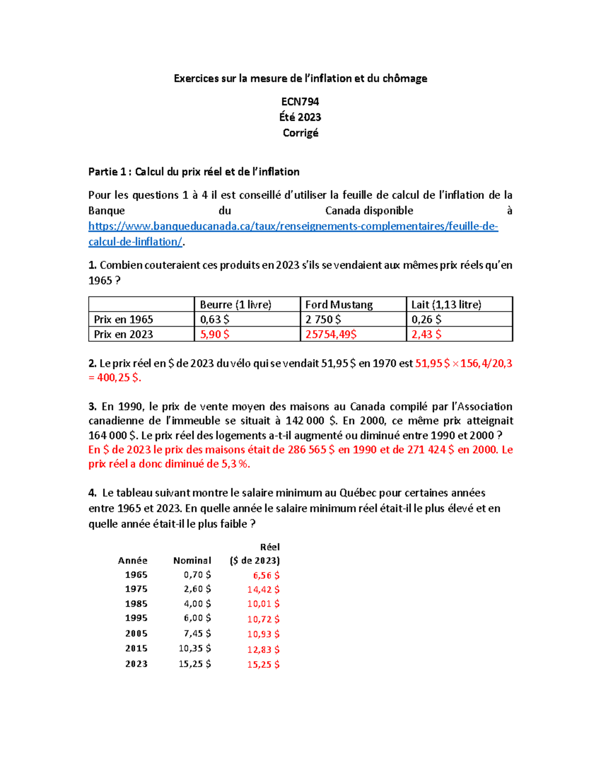 Travail sur l'inflation et le chômage - corrigé - Exercices sur la ...