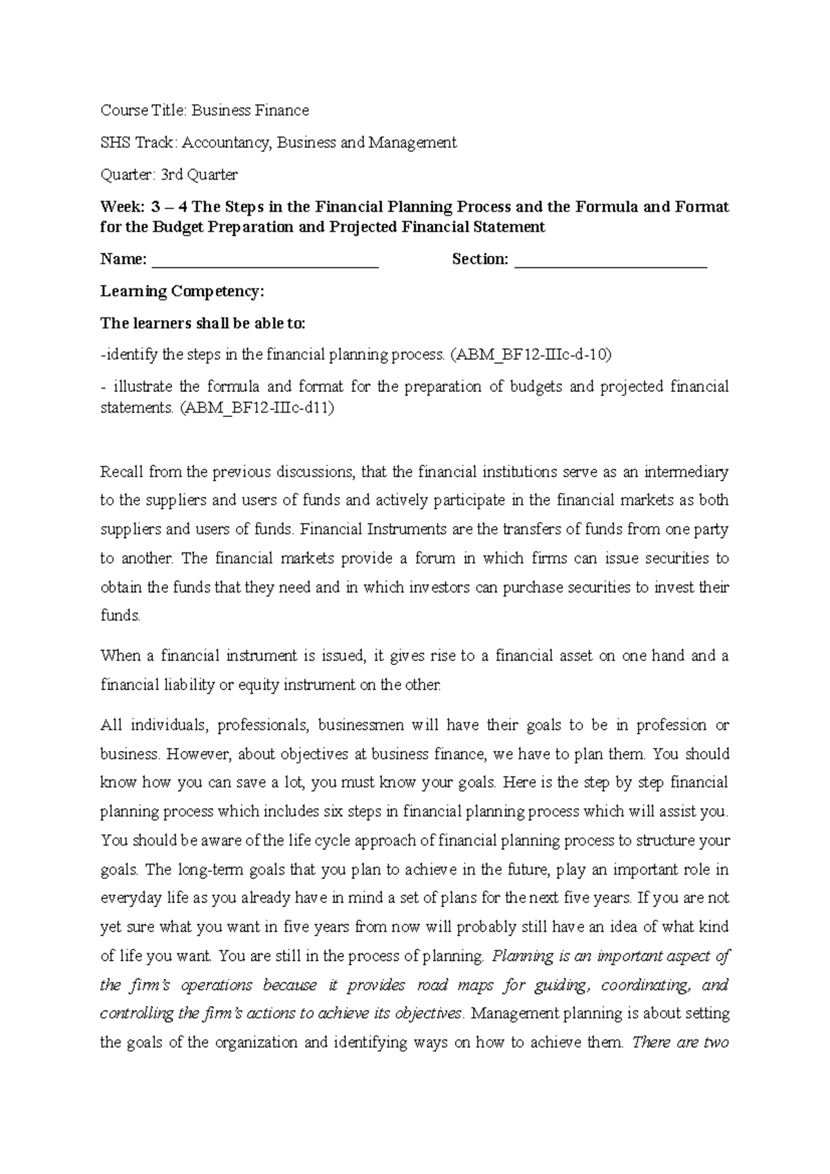 Business Finance Week 3 - 4 - Course Title: Business Finance SHS Track ...