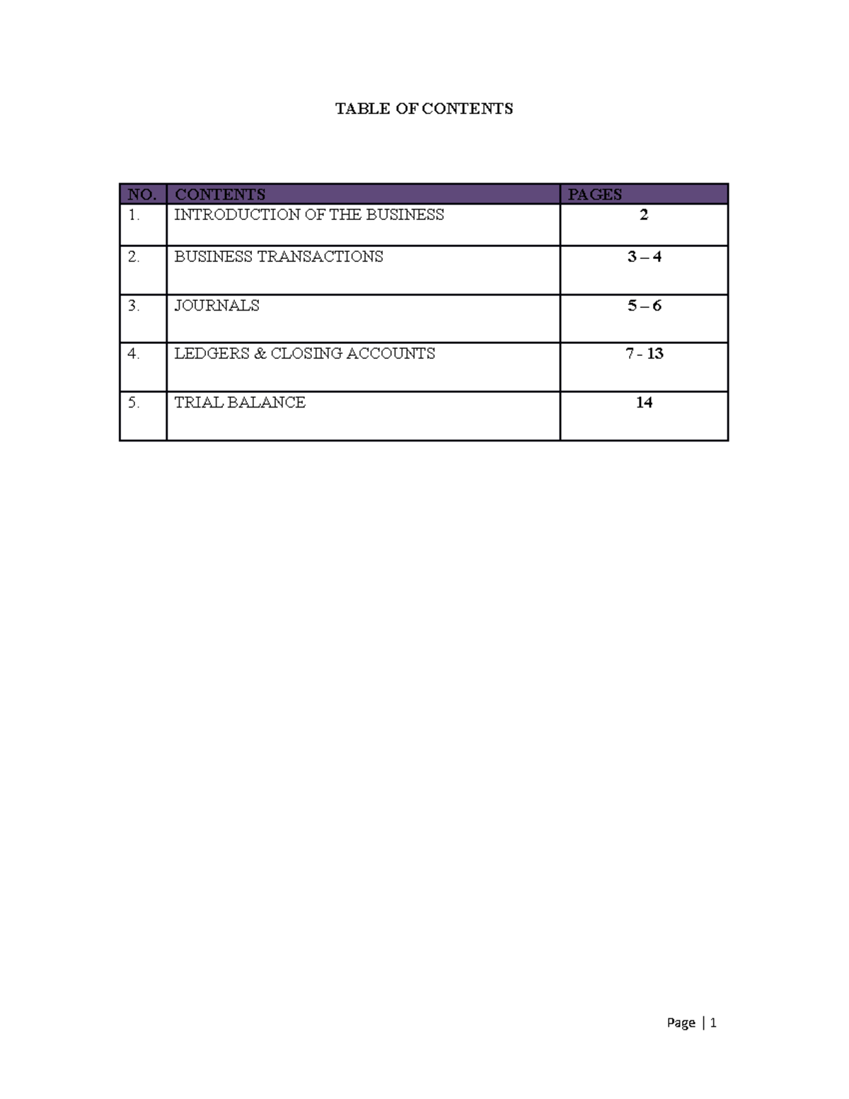 Example - account - TABLE OF CONTENTS NO. CONTENTS PAGES 1 ...