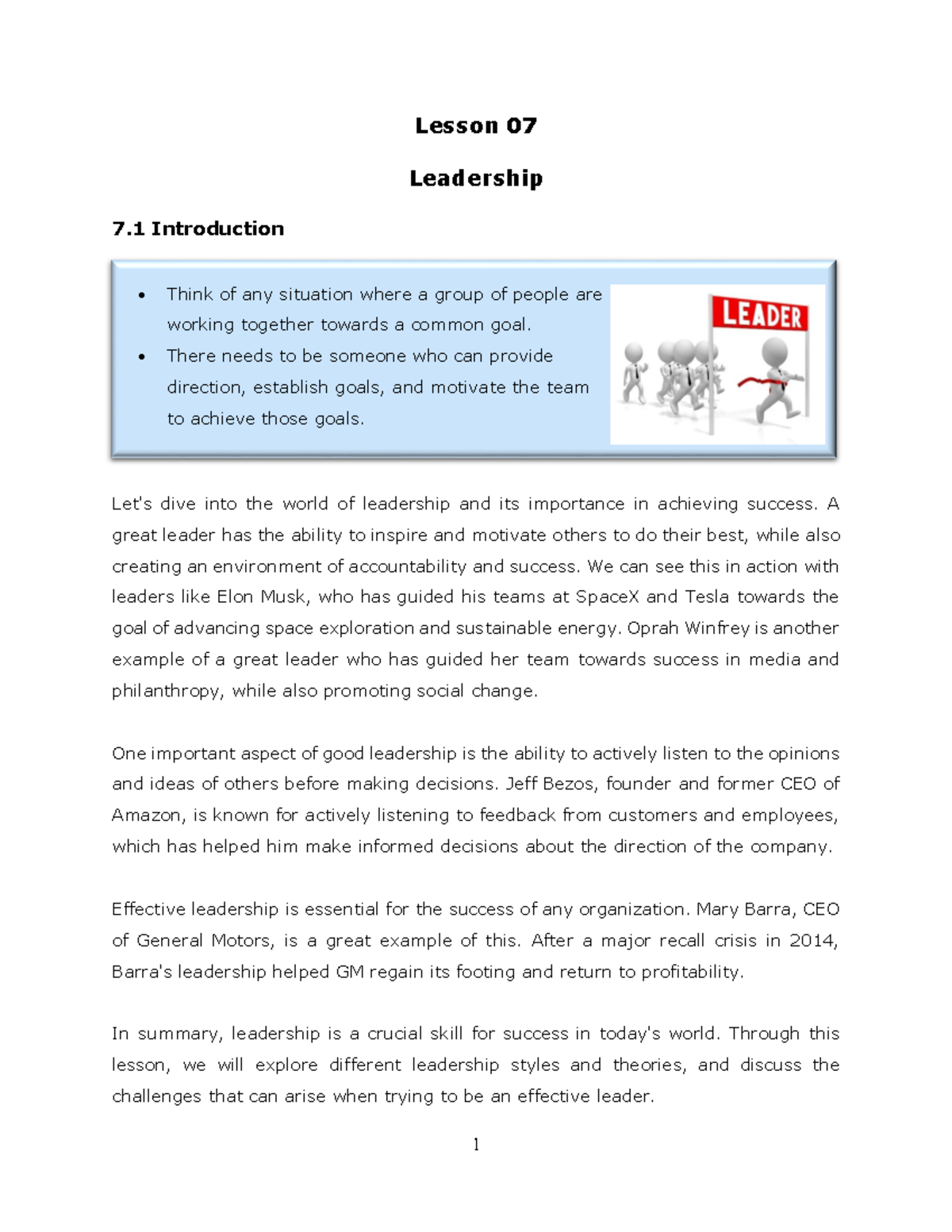 Lesson 7 (Drafted) Leadership - Lesson 07 Leadership 7 Introduction Let ...