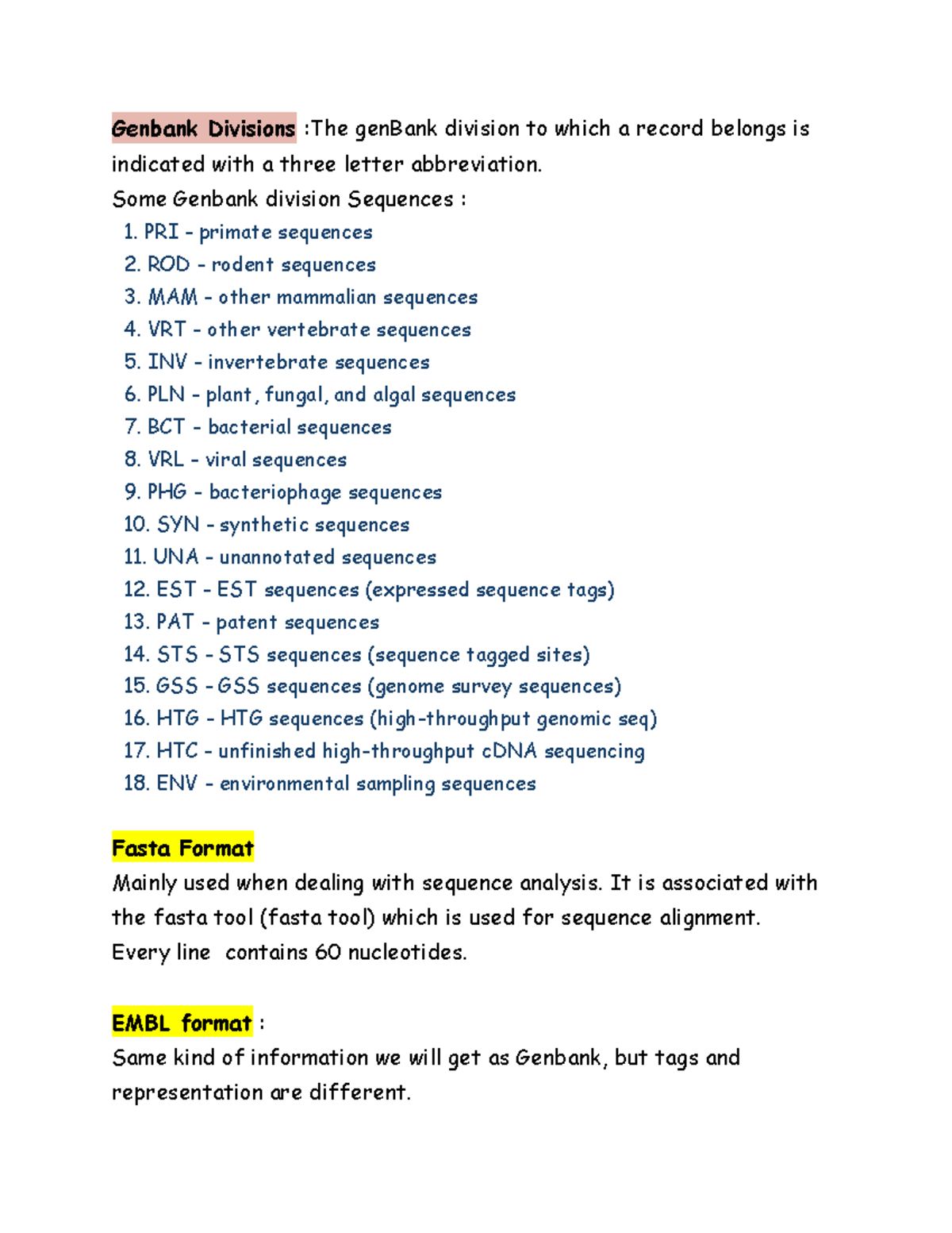 Bio Informatics 8 - Lecture notes 8 - Genbank Divisions :The genBank ...