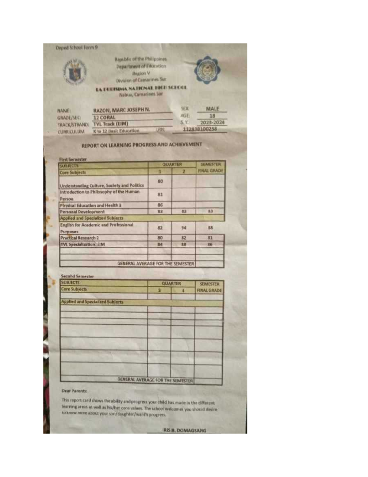 Doc2 - efefef - Deped School Form9 Republic of the Philippines Department of Education Region y ...