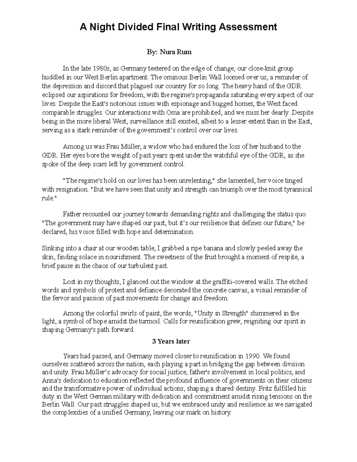 Nura Rum - A Night Divided Final Writing Assessment - A Night Divided ...