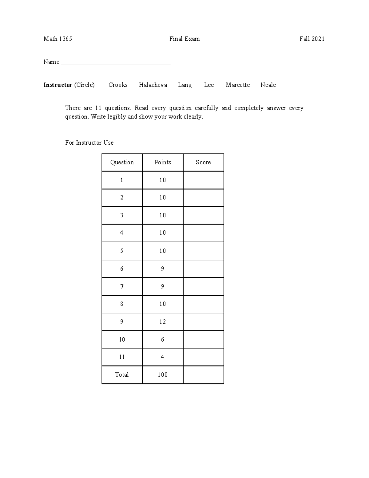 Math 1365 Final Exam Fall 2021 - Math 1365 Final Exam Fall 2021 Name ...